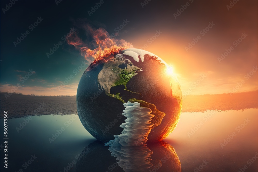 a burning earth with a reflection of the sun in the water and clouds in ...