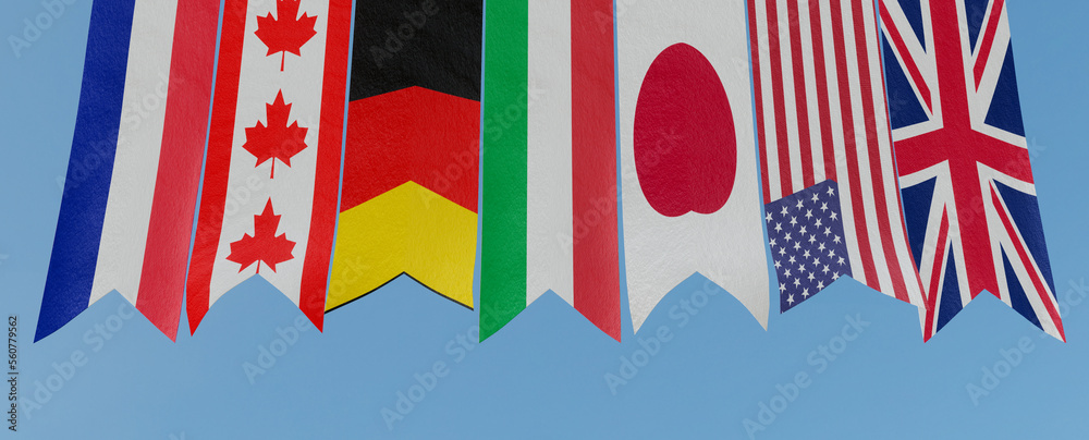 G7 summit. flags of members of G7 group of seven and list of countries ...