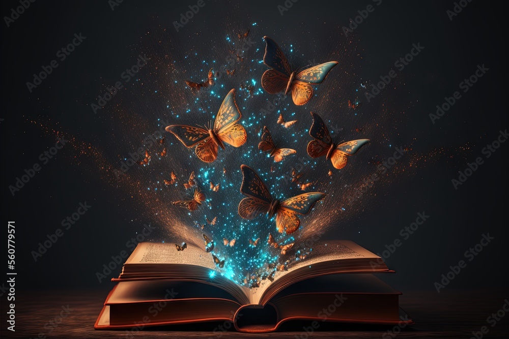 a book with butterflies flying out of it on a table with a black ...