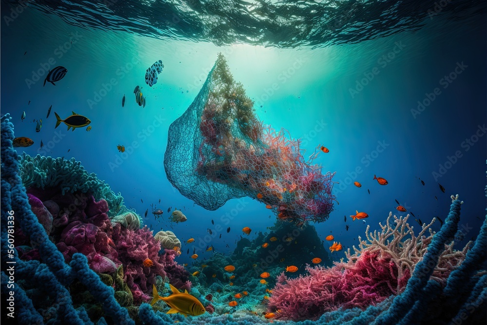 Generative AI illustration of coral reef with fish around surrounded by ...