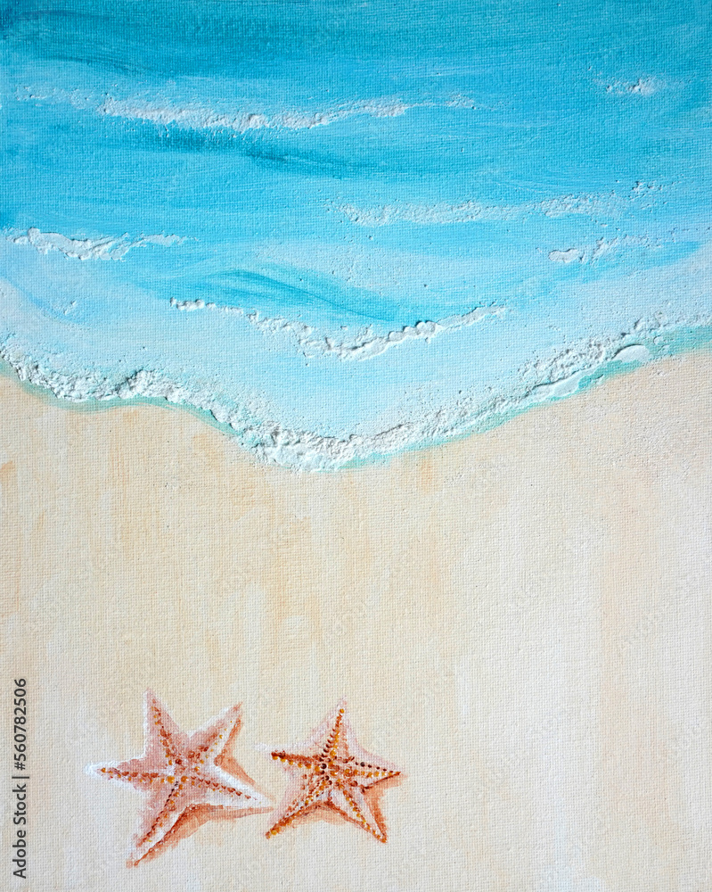 Drawing of bright sandy beach with white sand. Two red starfish are ...