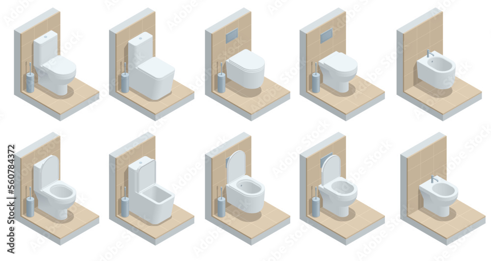 Isometric set icons of the Toilet bowl. Realistic white home toilet ...
