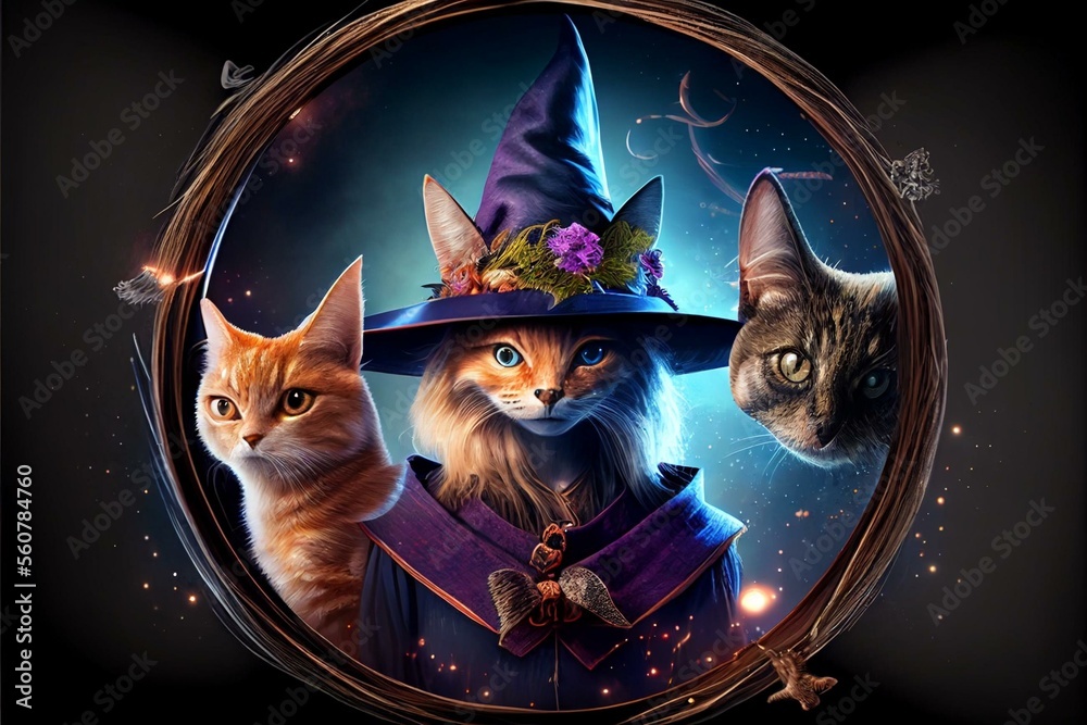 Circle game avatar frames with cats and fox ears, witch hat and broom ...