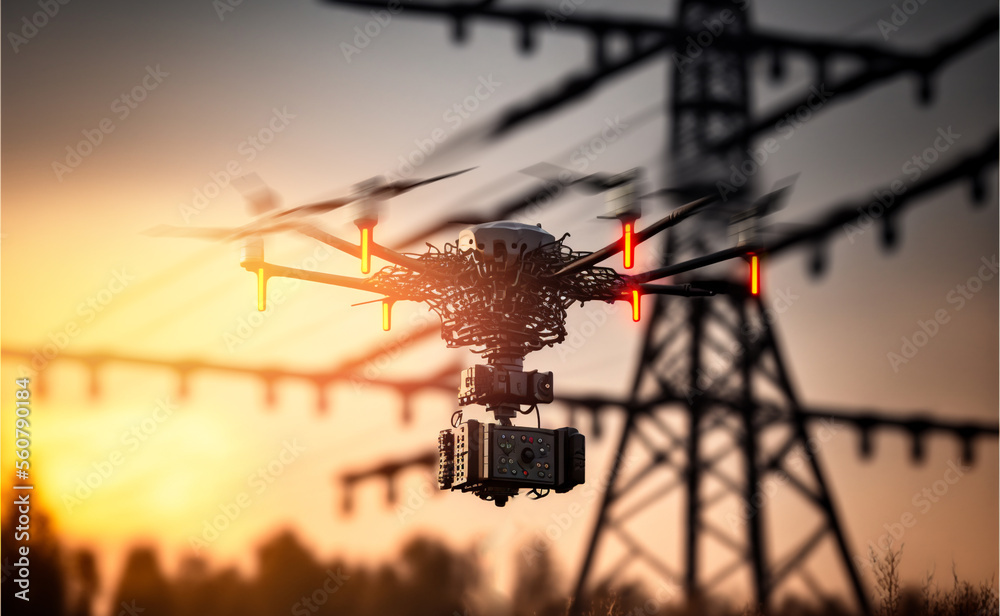 ภาพประกอบสต็อก Drone control high voltage electrical lines, camera ...