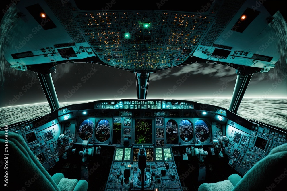 Cabin interior of aircraft at night with no one in the cockpit ...