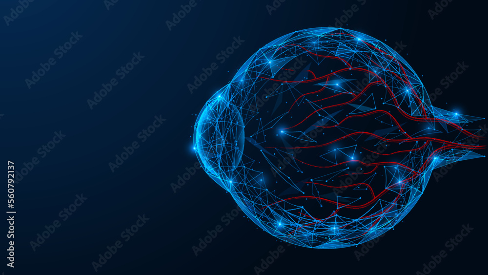 Structure of the human eye. Polygonal design of lines and dots. Blue ...