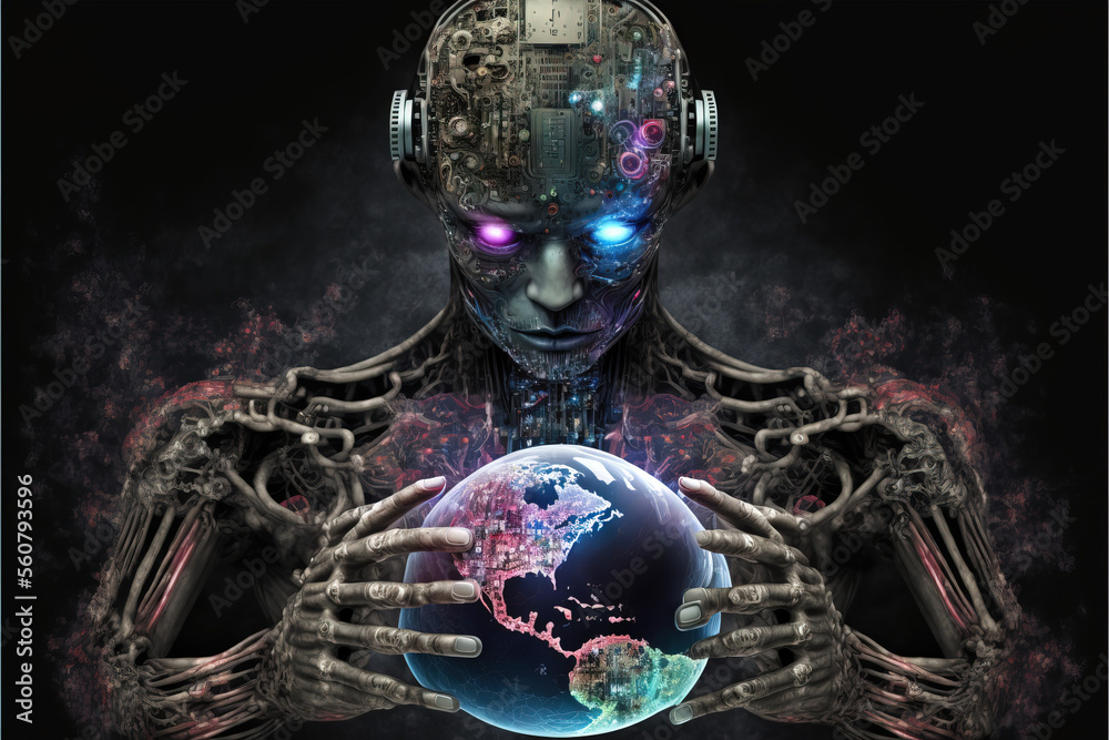 Digitized human holds planet, neurocore style, surreal cyberpunk ...