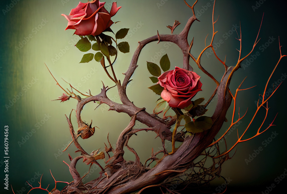 Generative AI: design of roses with twisted branches and thorns in dark ...