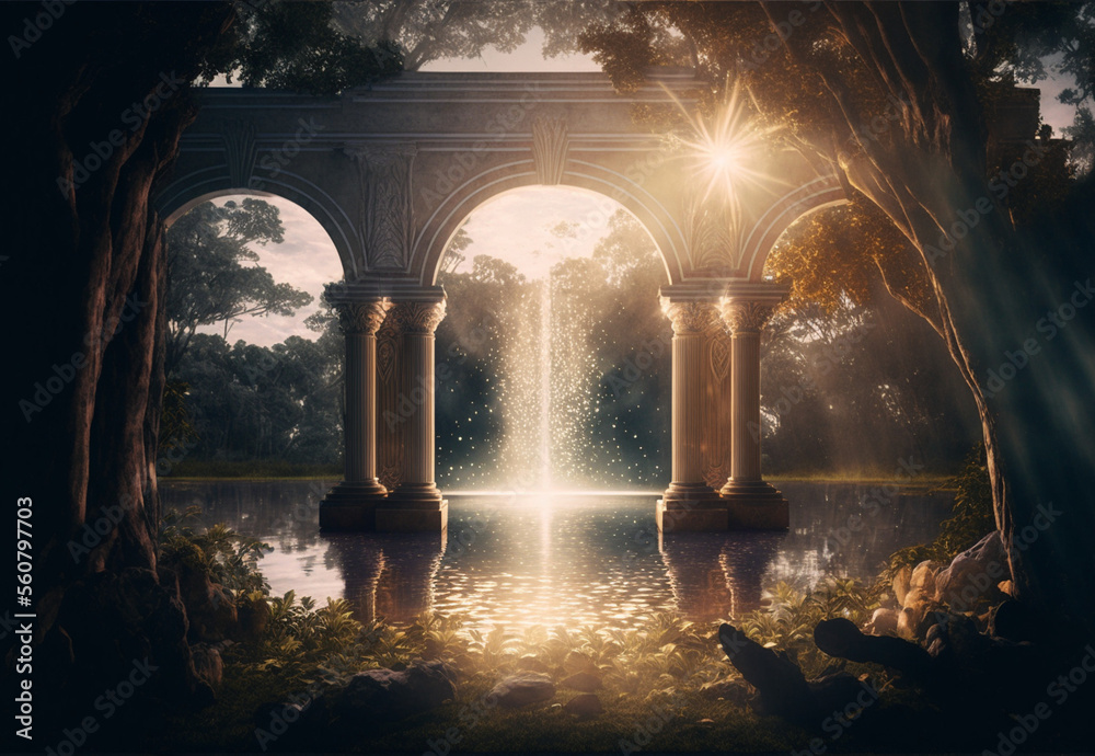 A regal arch amidst a serene meadow and a sparkling river,digital art ...