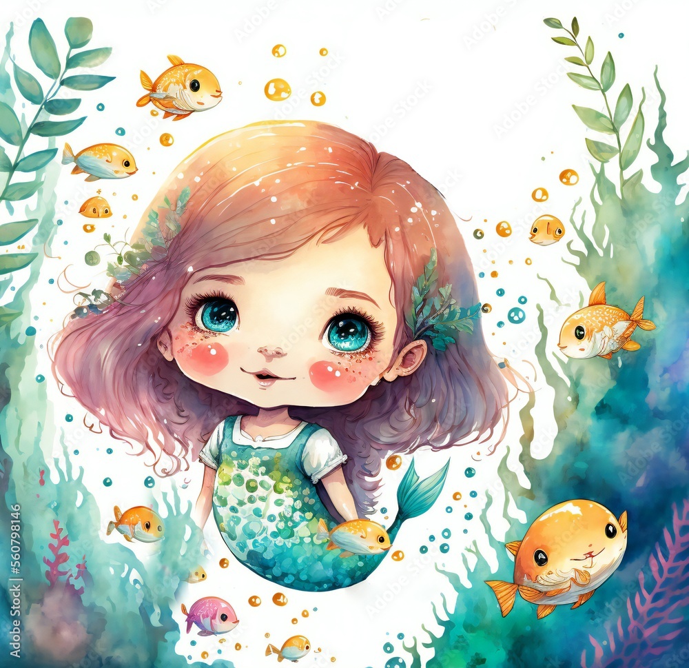 Cute mermaid girl with big blue eyes among the waves of fish and ...