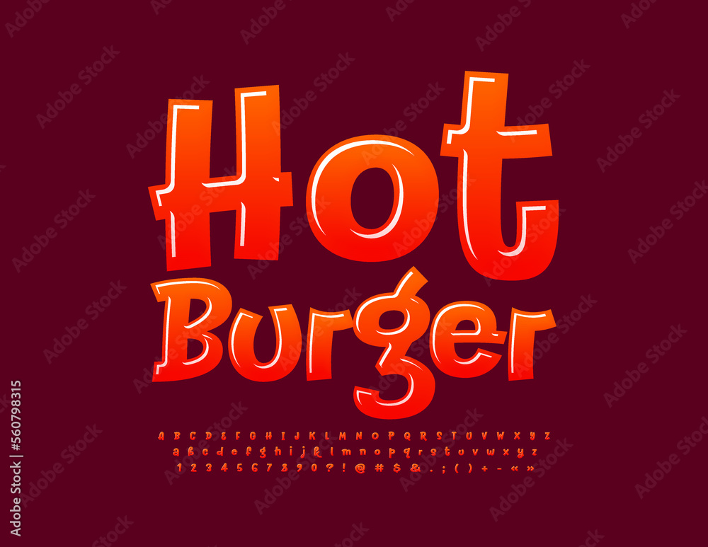 Vector tasty Sign Hot Burger. Red Glossy Font. Playful style Alphabet ...