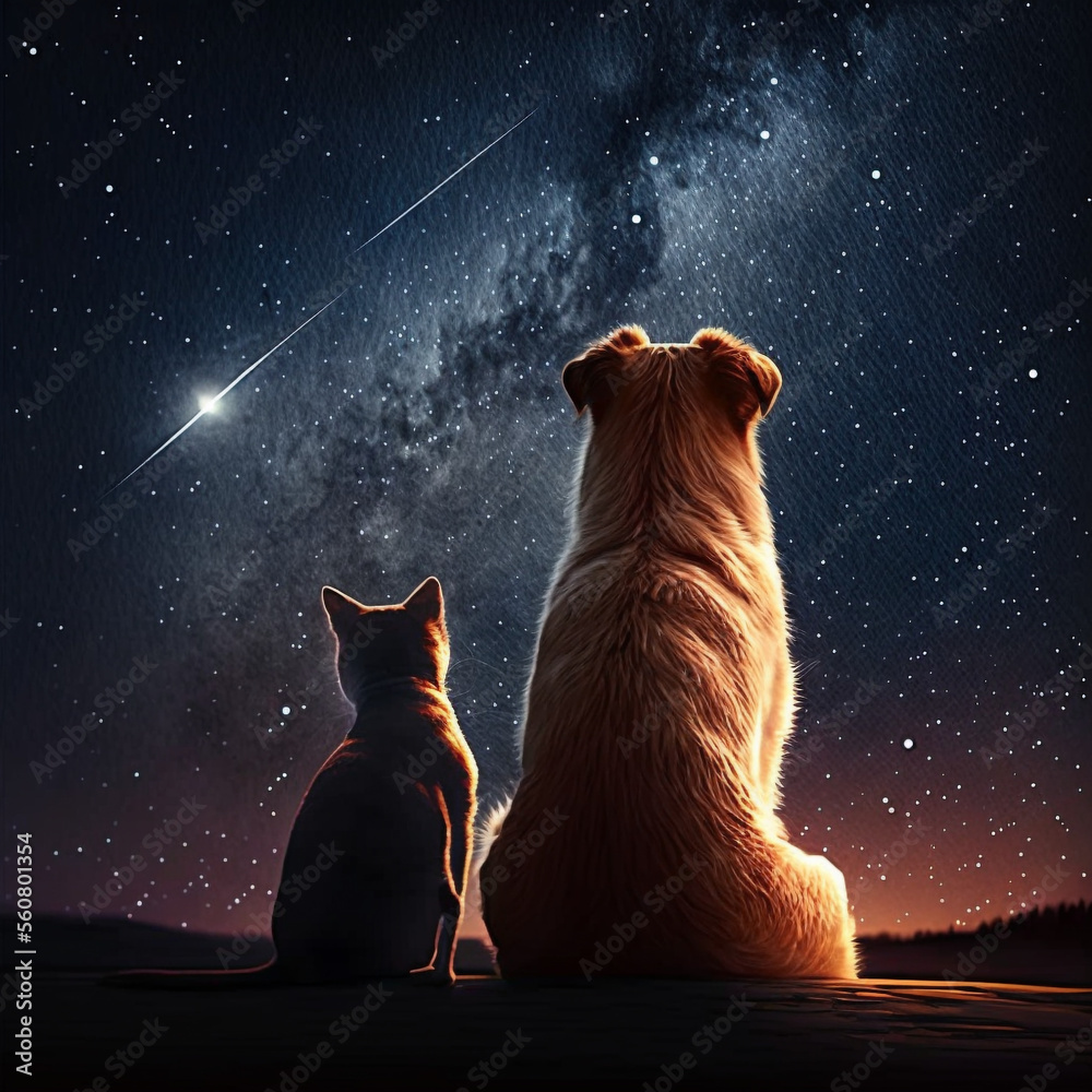 Dog and Cat Sitting Together Looking at a Shooting Star in the Night ...