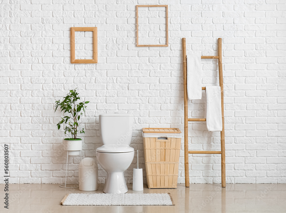Interior of restroom with ceramic toilet bowl, bin and ladder near ...