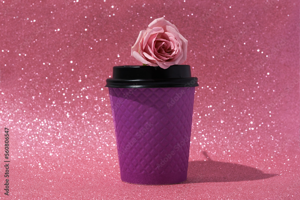 paper cup and pink rose Stock Photo | Adobe Stock