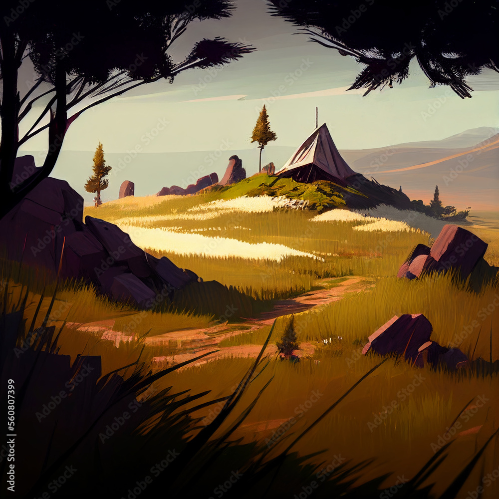 Grasslands Landscape Windswept Grass Campsite Tent Outpost Lookout Blue ...