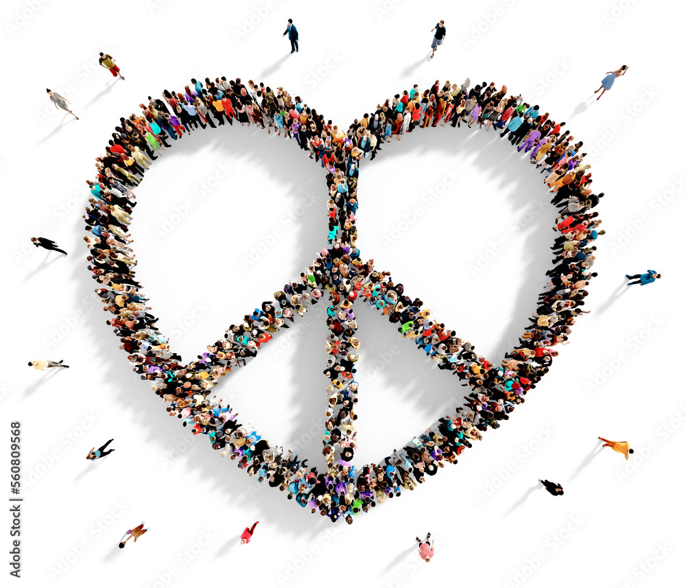 Crowd of people seen from above gathered together in support for peace ...