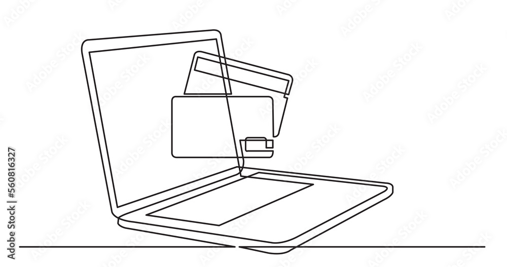 one line drawing of laptop computer with credit cards as business ...