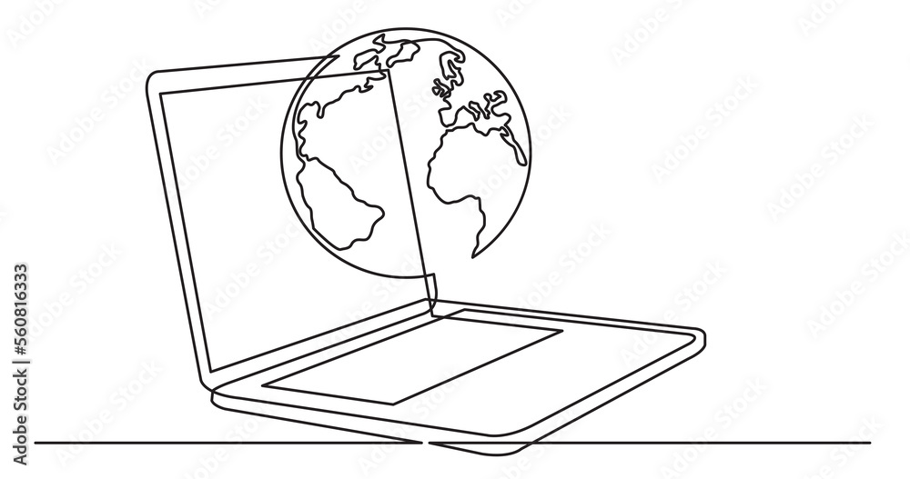 one line drawing of laptop computer with earth globe as business ...