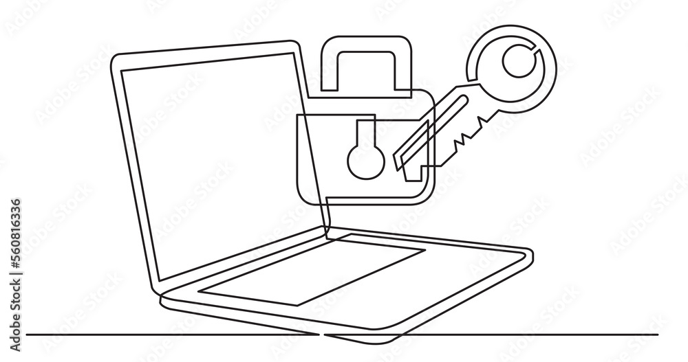 one line drawing of laptop computer with lock and key as business ...