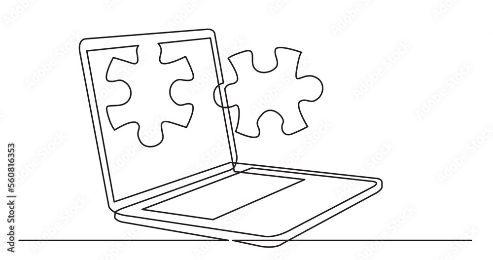 one line drawing of laptop computer with puzzle pieces as business ...