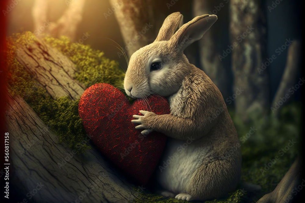 Cute fluffy rabbit hugging red heart. Valentine's Day greetings from ...
