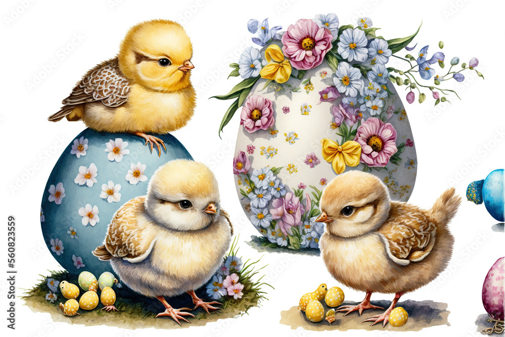 Easter chick with egg and flowers, watercolor, Generative AI Stock ...