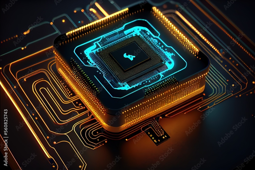 Microchip or microprocessor, hardware engineering. Futuristic microchip processor with lights on ...