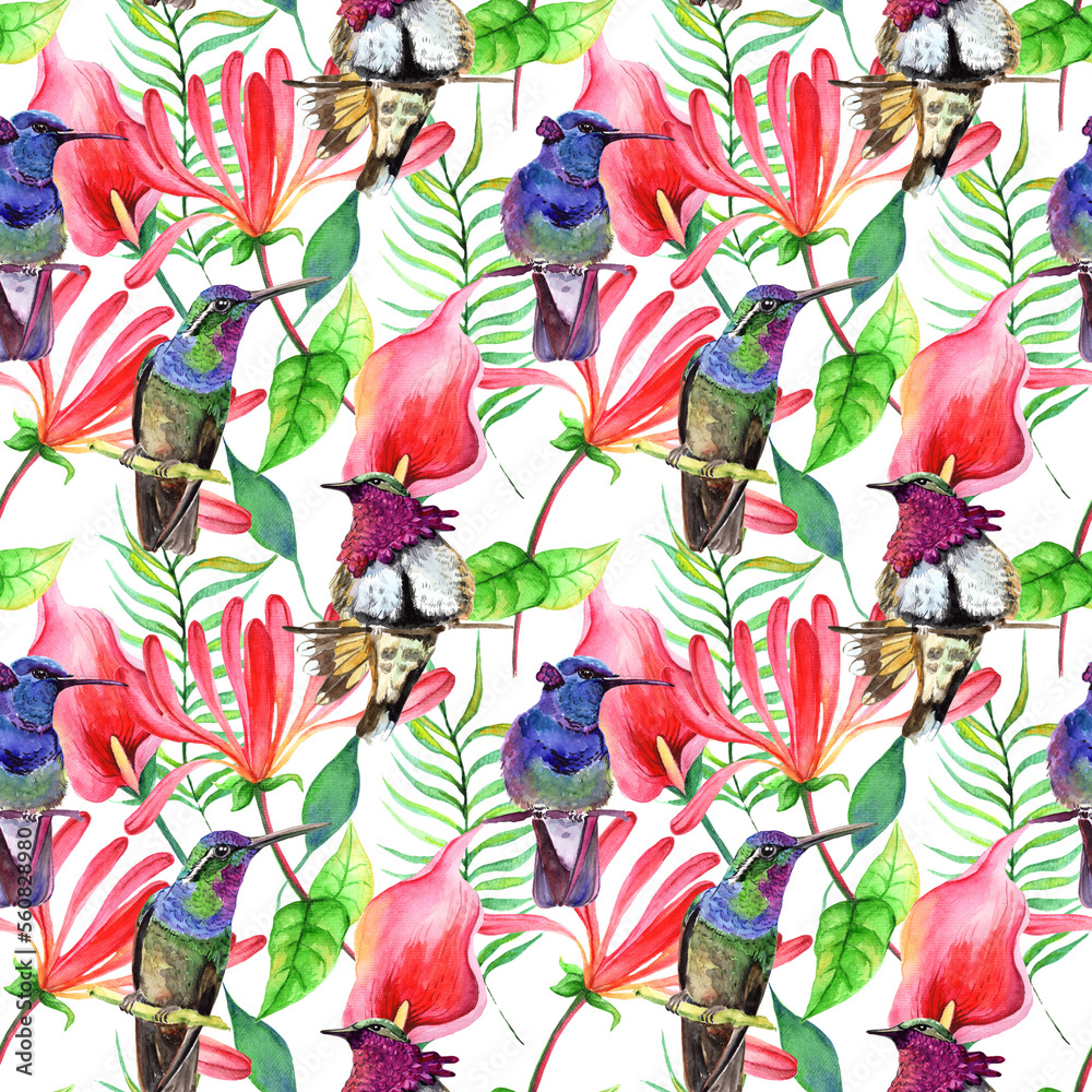 Watercolor hummingbirds and tropical flowers and leaves in a seamless ...