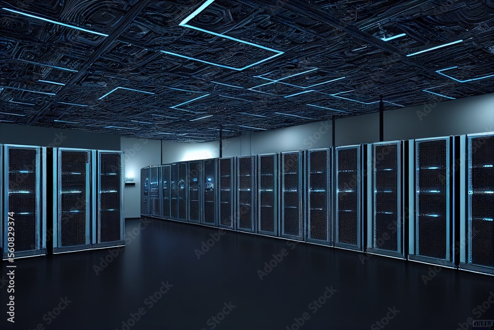 Server racks in computer network security server room data center. 3D ...