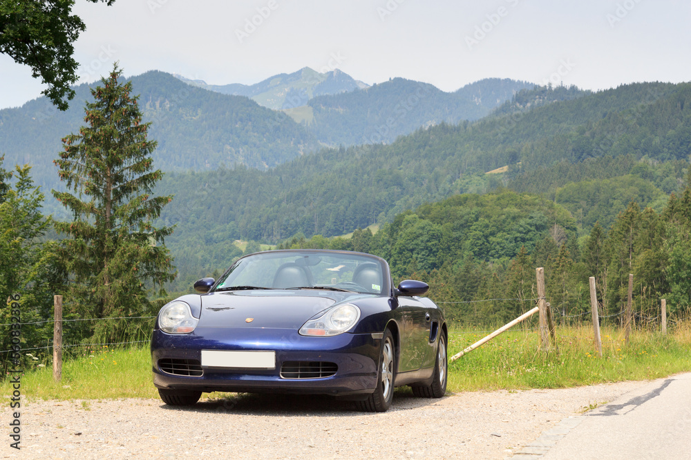 Bayrischzell, Germany - July 24, 2021: Blue roadster Porsche Boxster ...