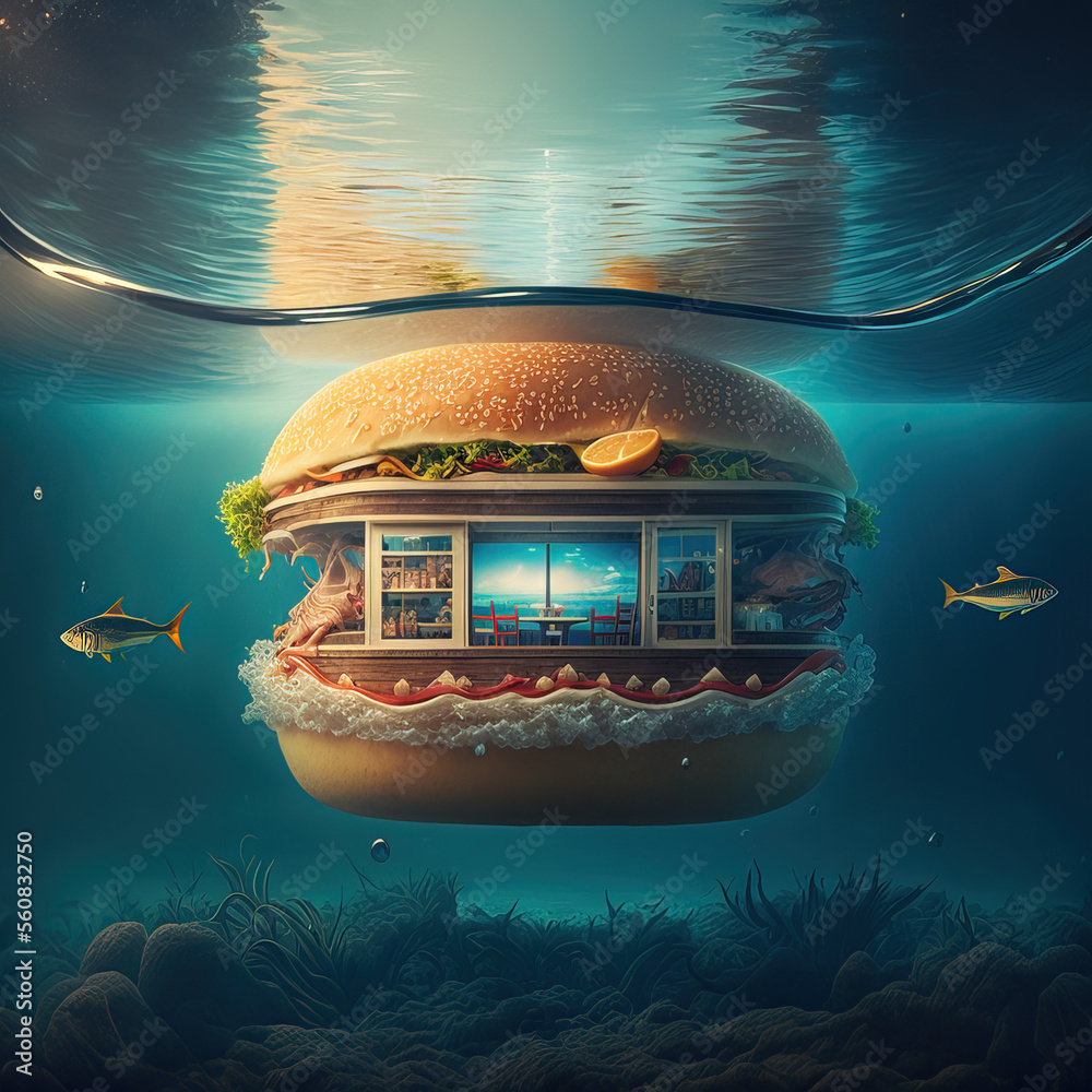 Underwater burger or hamburger house in the ocean or sea food ...