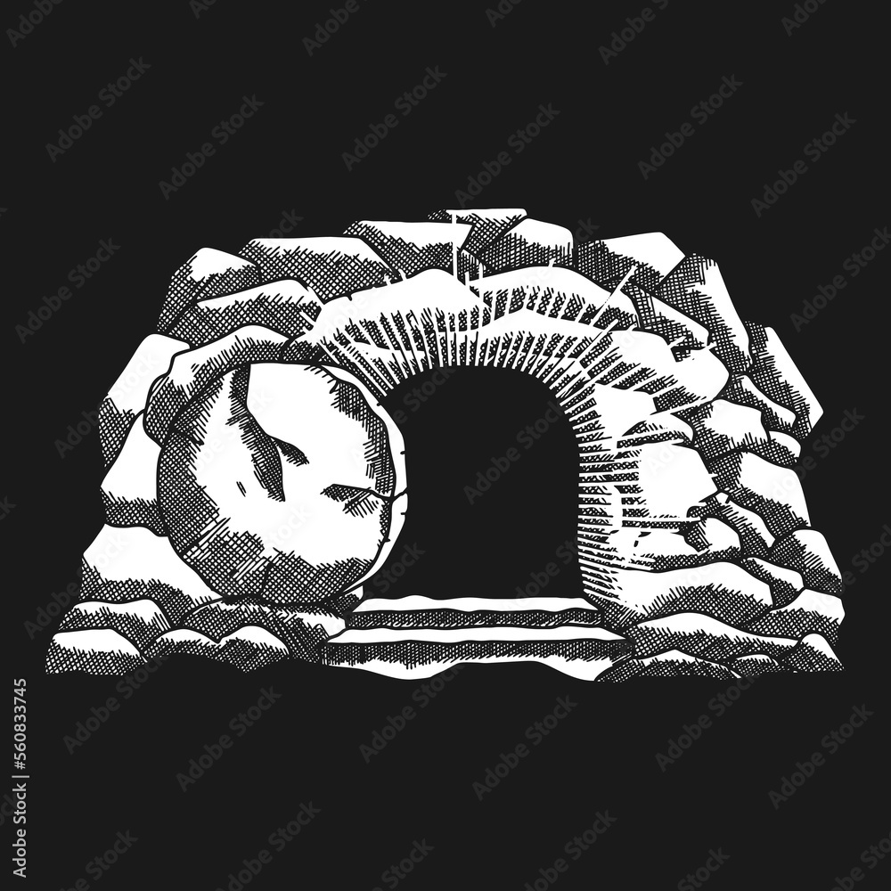 Hand-drawn vector illustration for Easter. Empty tomb after the ...