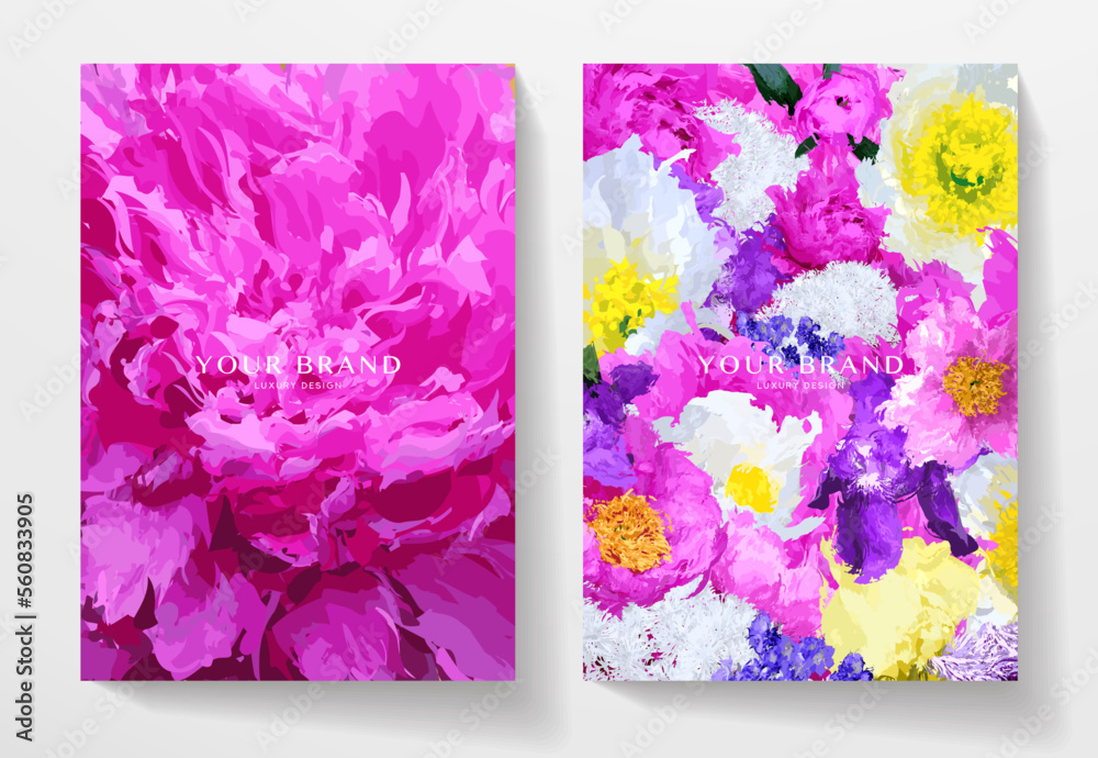 Floral cover design set with abstract peony flower on black background ...