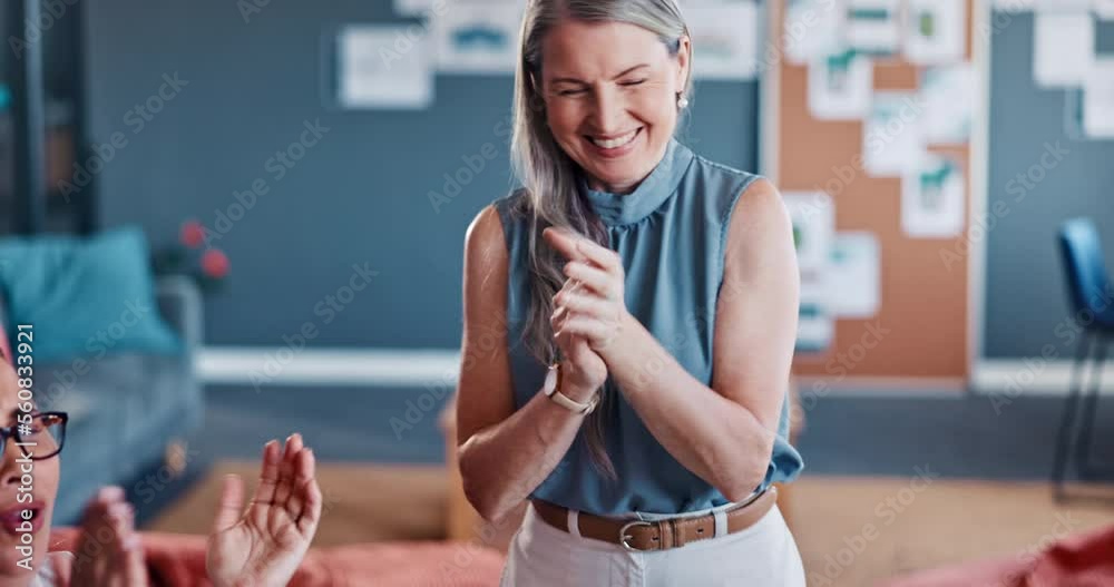 Applause, high five and business people in meeting for success in ...