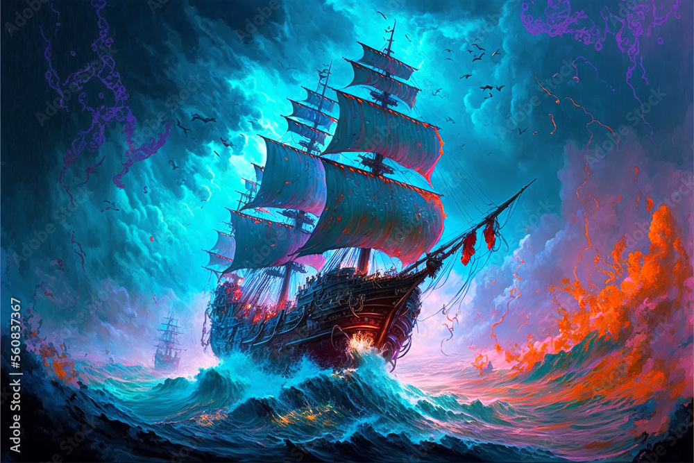 ghost ship in the stormy sea Stock Illustration | Adobe Stock