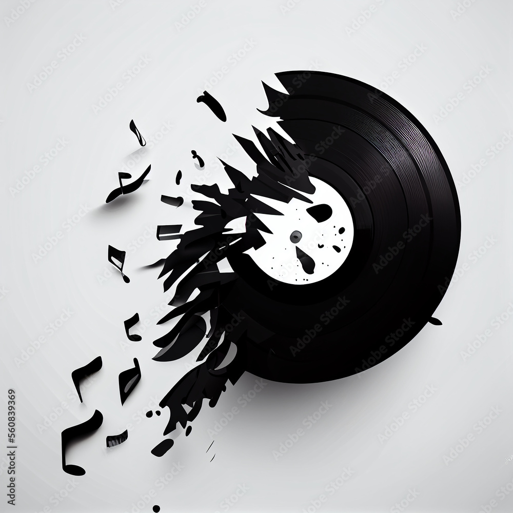 Black music notes signs flying out of a broken music rec. Illustration ...