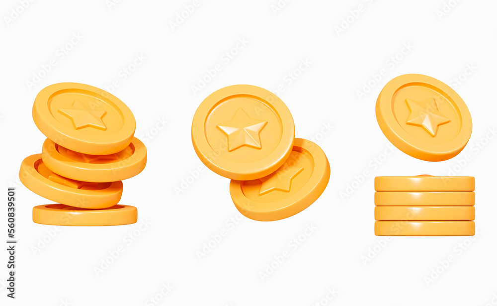 3D Golden coin stack. Pile of money with star sign. Element for game ...