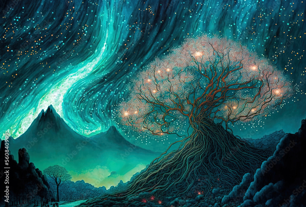 Concept: tree of the possibilities connecting to the cosmos. Universe ...