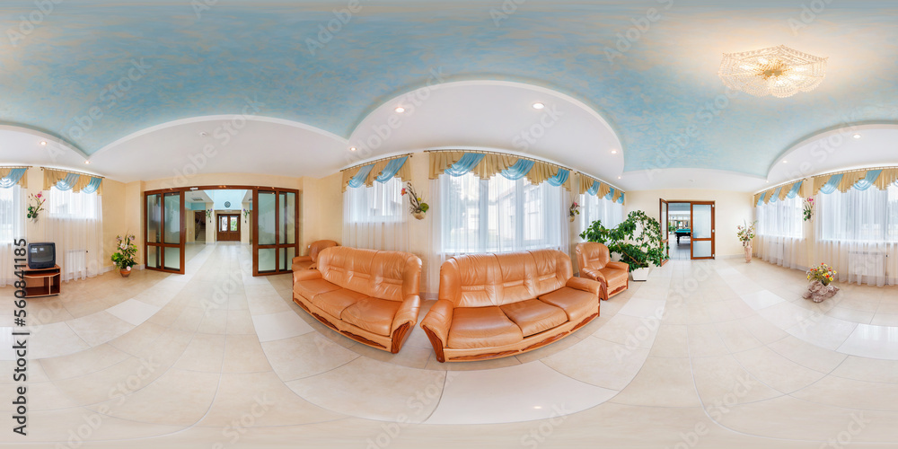 360 panorama in stylish guest hall or restroom in hotel with sofa in ...