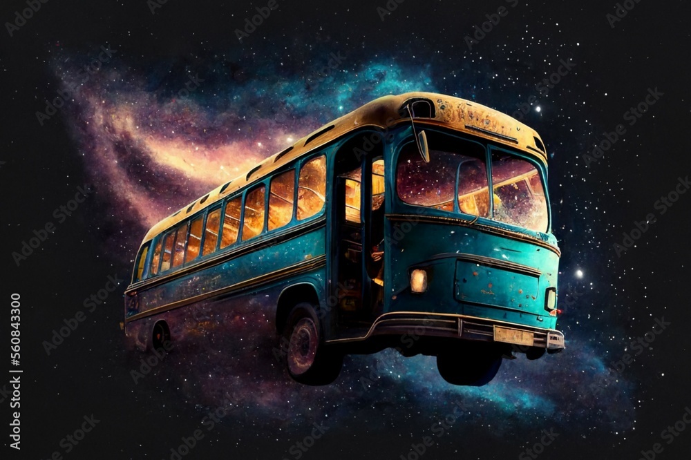 School bus flying outer space with vivid milky way night sky created ...