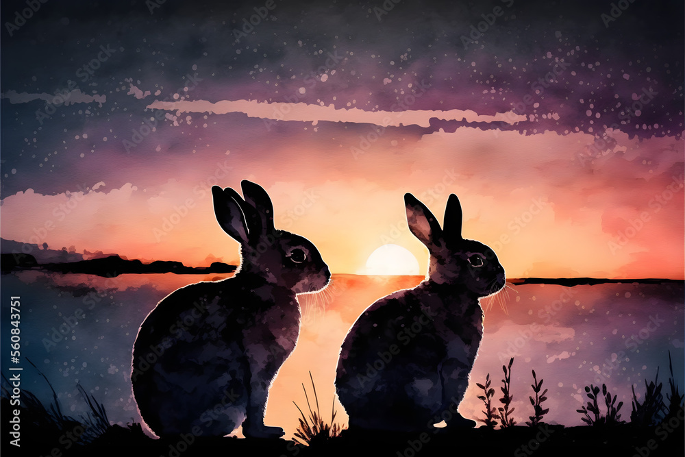 Cute Baby Rabbits at Sunset: A Watercolor Scene, ,Lunar New Year, Year ...