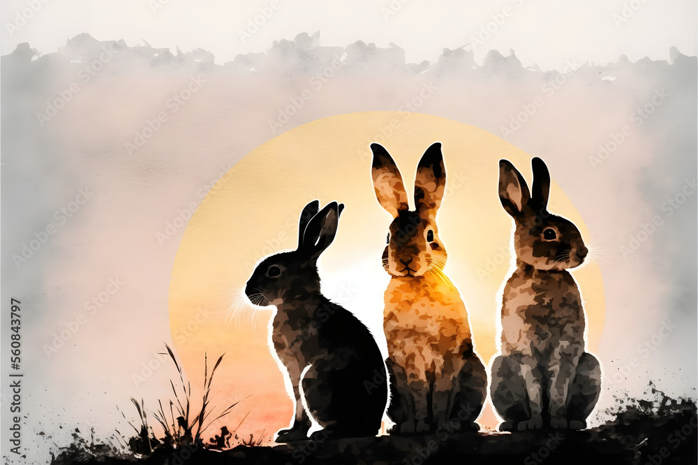 Rabbits in the Golden Light of Sunset: A Watercolor Scene,, Lunar New ...
