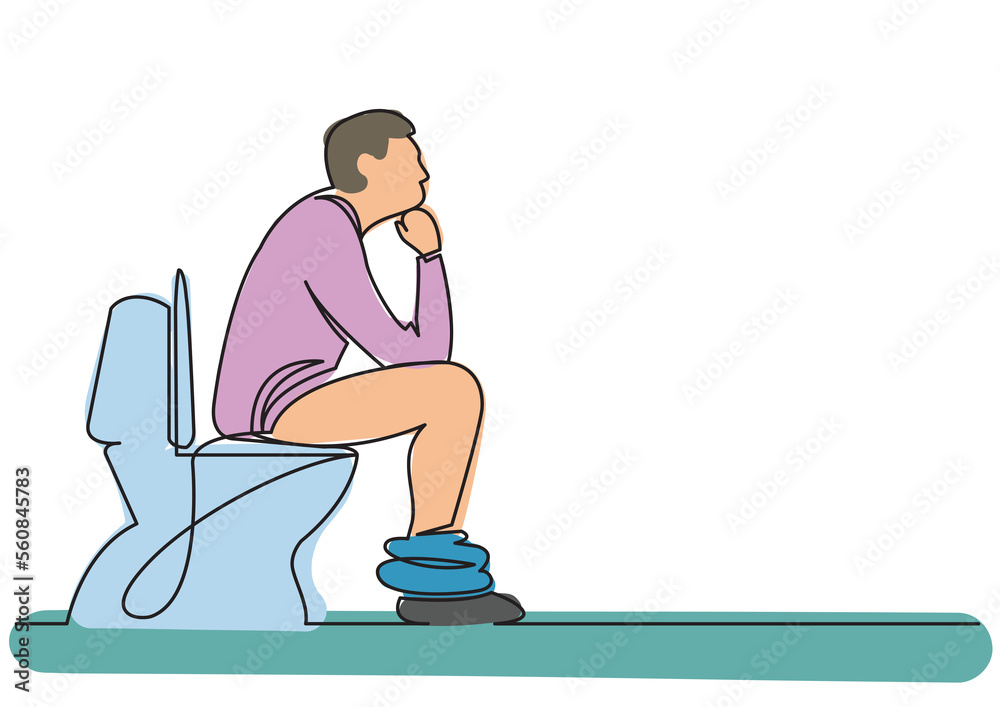 continuous line drawing man sitting on toilet seat thinking colored ...