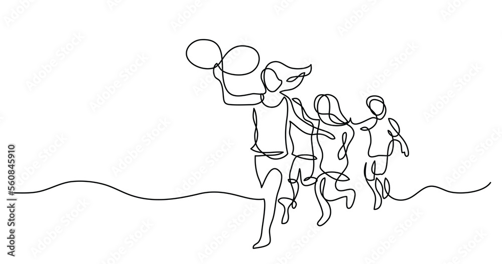 continuous line drawing of happy children running on beach with ...