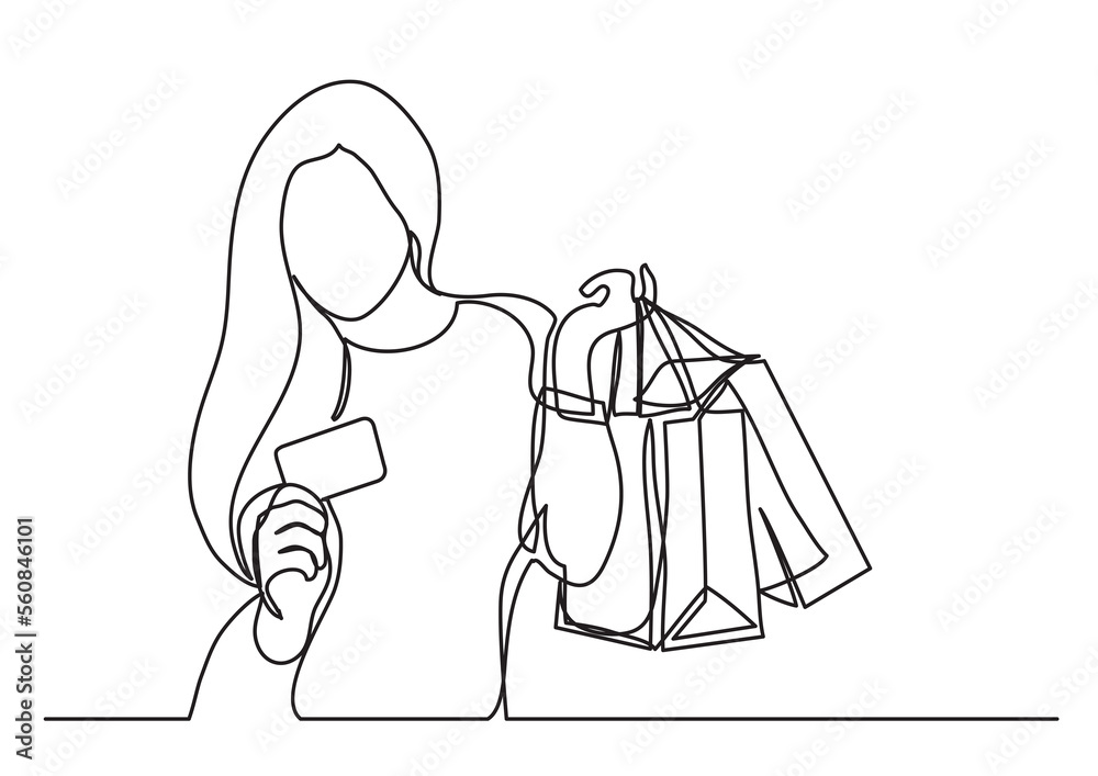 continuous line drawing shopping woman with bags and credit card - PNG ...