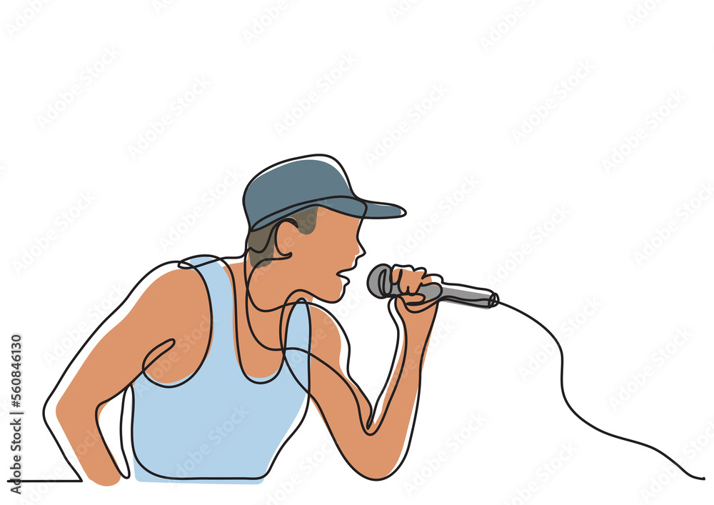 continuous line drawing singer with microphone colored - PNG image with ...