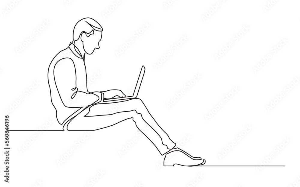 continuous line drawing sitting man working on laptop computer - PNG ...