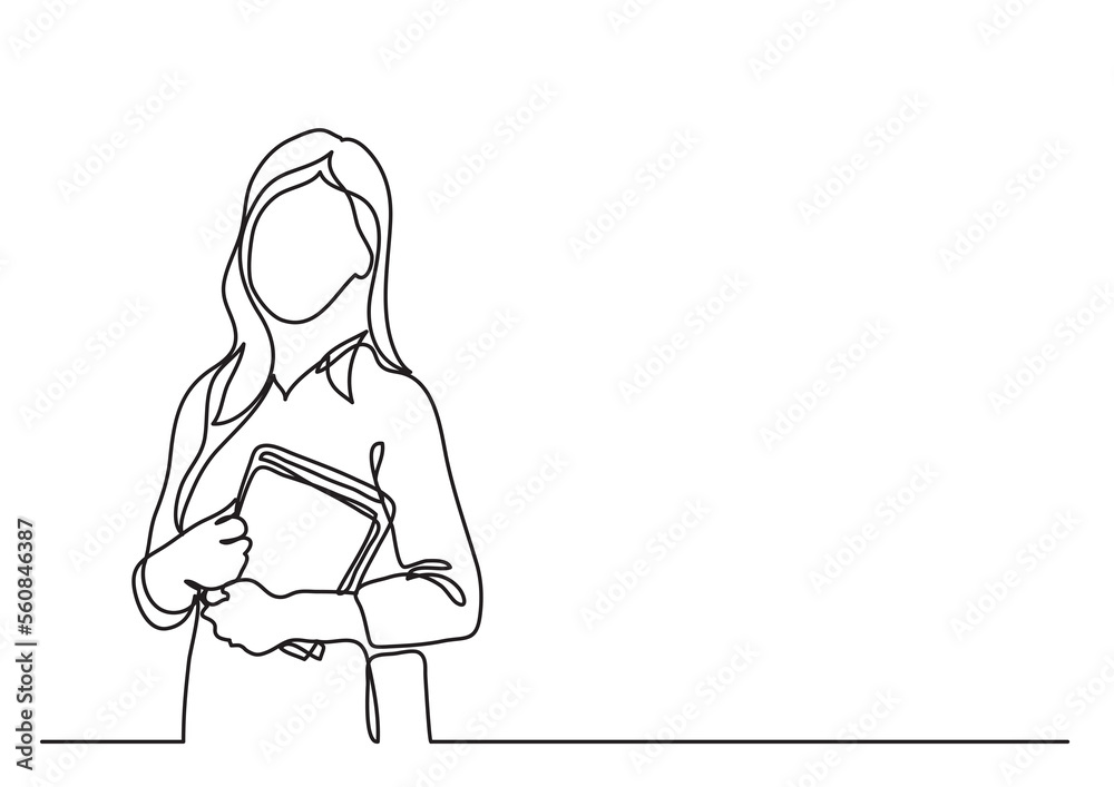 continuous line drawing standing teacher with books - PNG image with ...