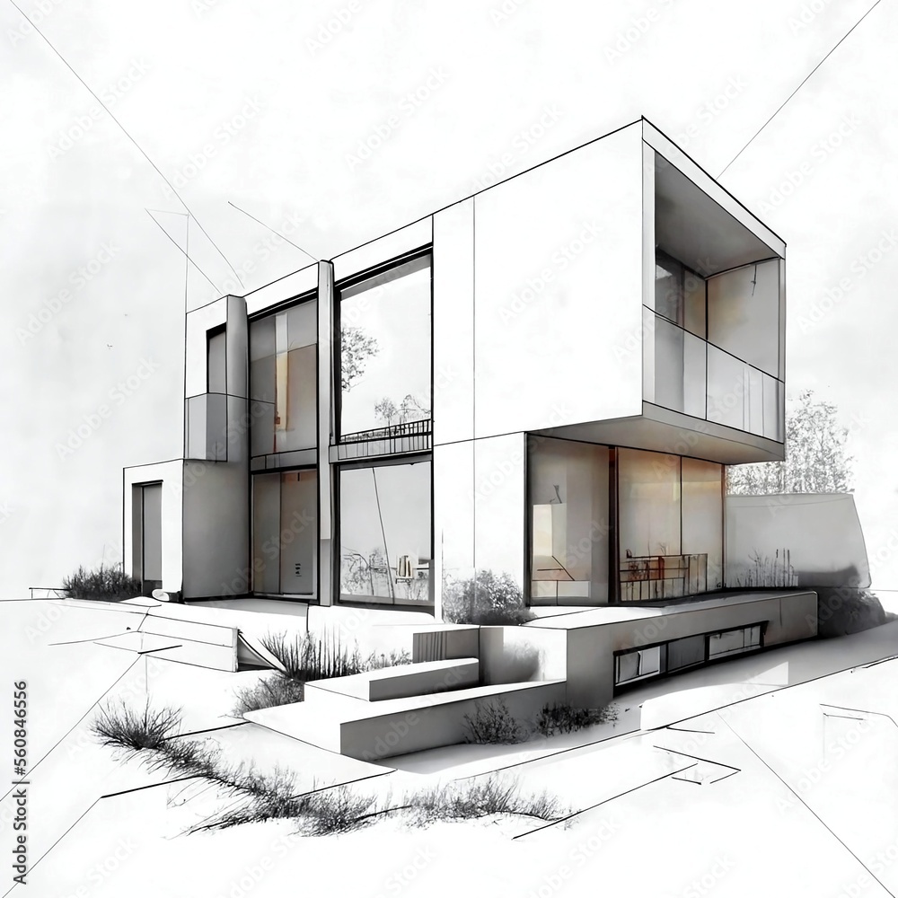Architectural sketch of a new double storey modern house. Painting of a ...