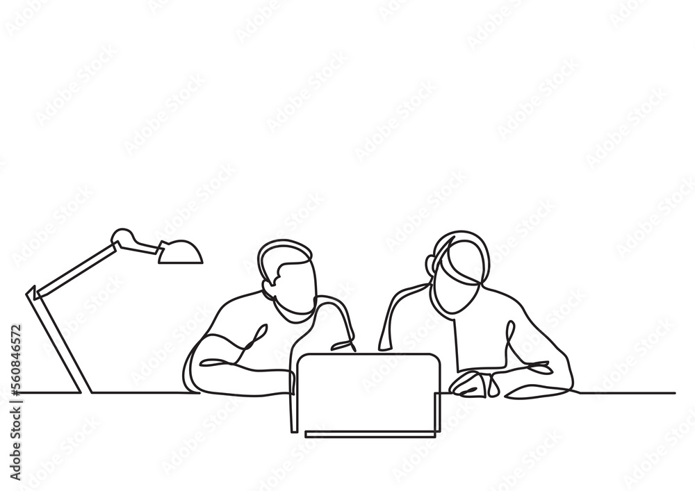 continuous line drawing two co workers working together with laptop ...